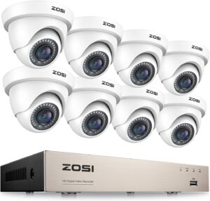 zosi 1080p 8ch home security camera system, h.265+ 8 channel 5mp lite hd-tvi dvr recorder and 8pcs 2mp 1920tvl weatherproof cctv dome cameras indoor outdoor, 80ft night vision, remote access