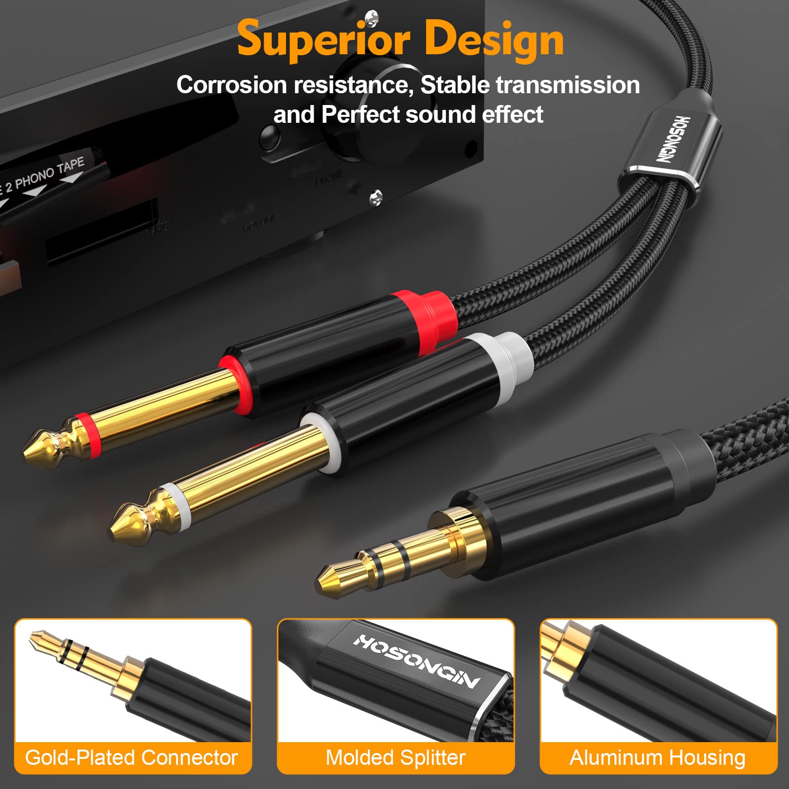 HOSONGIN 3.5mm to Dual 1/4 Cable, 3.5mm 1/8 TRS to Dual 6.35mm 1/4 TS Mono Breakout Cable Y Splitter Stereo Cable Cord Compatible with Smartphone, iPod/MP3, Tablet, PC, CD Player, Speaker - 6 Feet