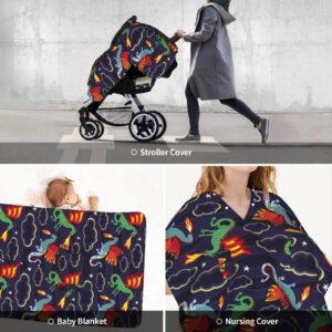 Rutiea Dragons Cartoon Pattern Car Seat Cover for Babies, Peekaboo Opening Minky Carseat Canopy Stroller Cover for Newborn, Mom Nursing Breastfeeding Covers, Blanket for Infant Toddler