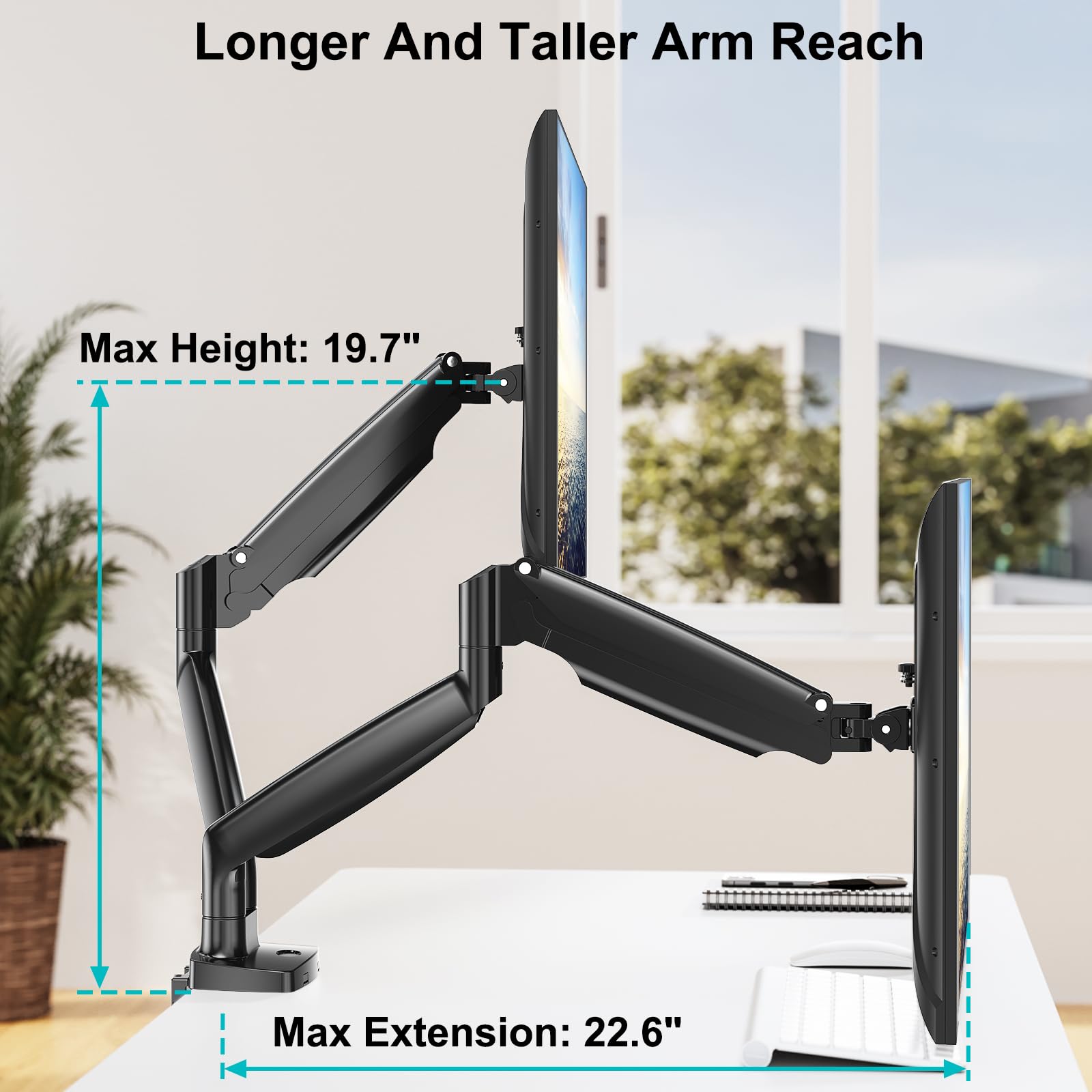 MOUNT PRO Dual Monitor Desk Mount fits 22” to 35” Ultrawide Computer Screen, Holds up to 26.4lbs Each, Fully Adjustable Long Monitor Arm for Two Monitors, Gas Spring Monitor Stand, 100x100 VESA Mount