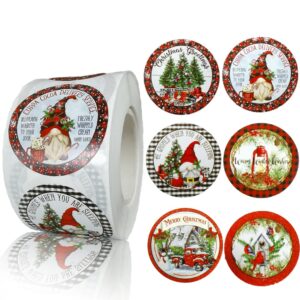 1.5" merry christmas stickers labels roll 6 designs buffalo plaid sticker labels christmas greeting tree gnome xmas decorative envelope seals label stickers for cards boxes,500 labels per roll