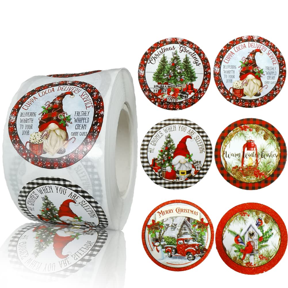 1.5" Merry Christmas Stickers Labels Roll 6 Designs Buffalo Plaid Sticker Labels Christmas Greeting Tree Gnome Xmas Decorative Envelope Seals Label Stickers for Cards Boxes,500 Labels Per Roll