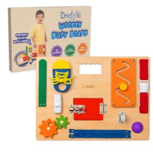 busy board - wooden montessori activity board for toddlers & kids - 12 educational sensory toys to learn basic life skills & develop fine motor skills + baby mirror