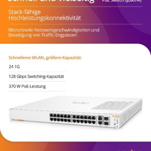 Aruba Instant On 1960 24-Port Gb Smart-Managed Layer 2+ Ethernet Switch with PoE | 24x 1G, 2X 10GBase-T + 2X SFP+ Uplink Ports | 20x CL4 + 8X CL6 PoE (370W) | Stackable | US Cord (JL807A#ABA)