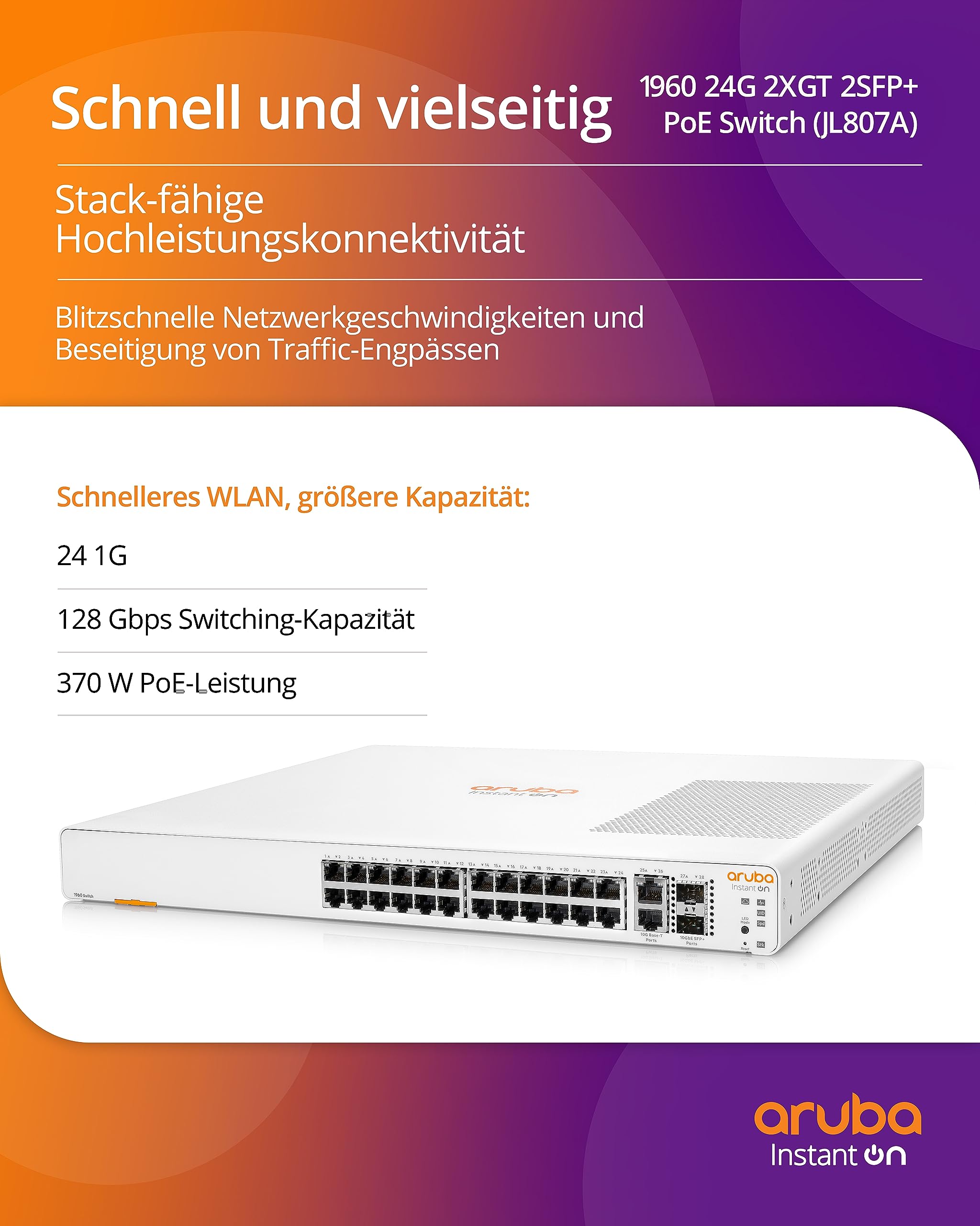 Aruba Instant On 1960 24-Port Gb Smart-Managed Layer 2+ Ethernet Switch with PoE | 24x 1G, 2X 10GBase-T + 2X SFP+ Uplink Ports | 20x CL4 + 8X CL6 PoE (370W) | Stackable | US Cord (JL807A#ABA)