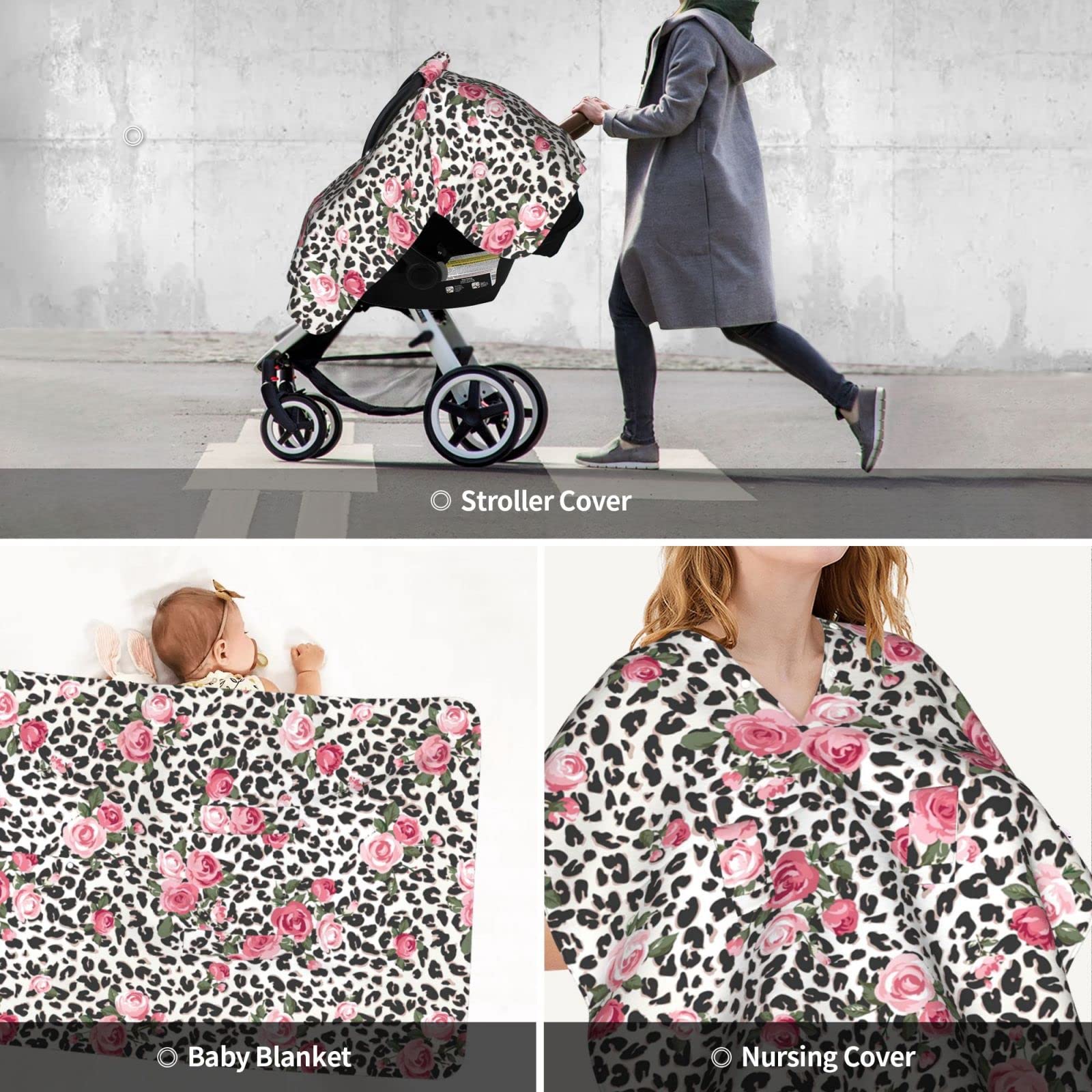 KiuLoam Pink Rose Leopard Cheetah Print Baby Car Seat Canopy, Nursing Cover Breastfeeding Scarf, Stretchy Soft Breathable Infant Carseat Cover for Babies Boys Girls