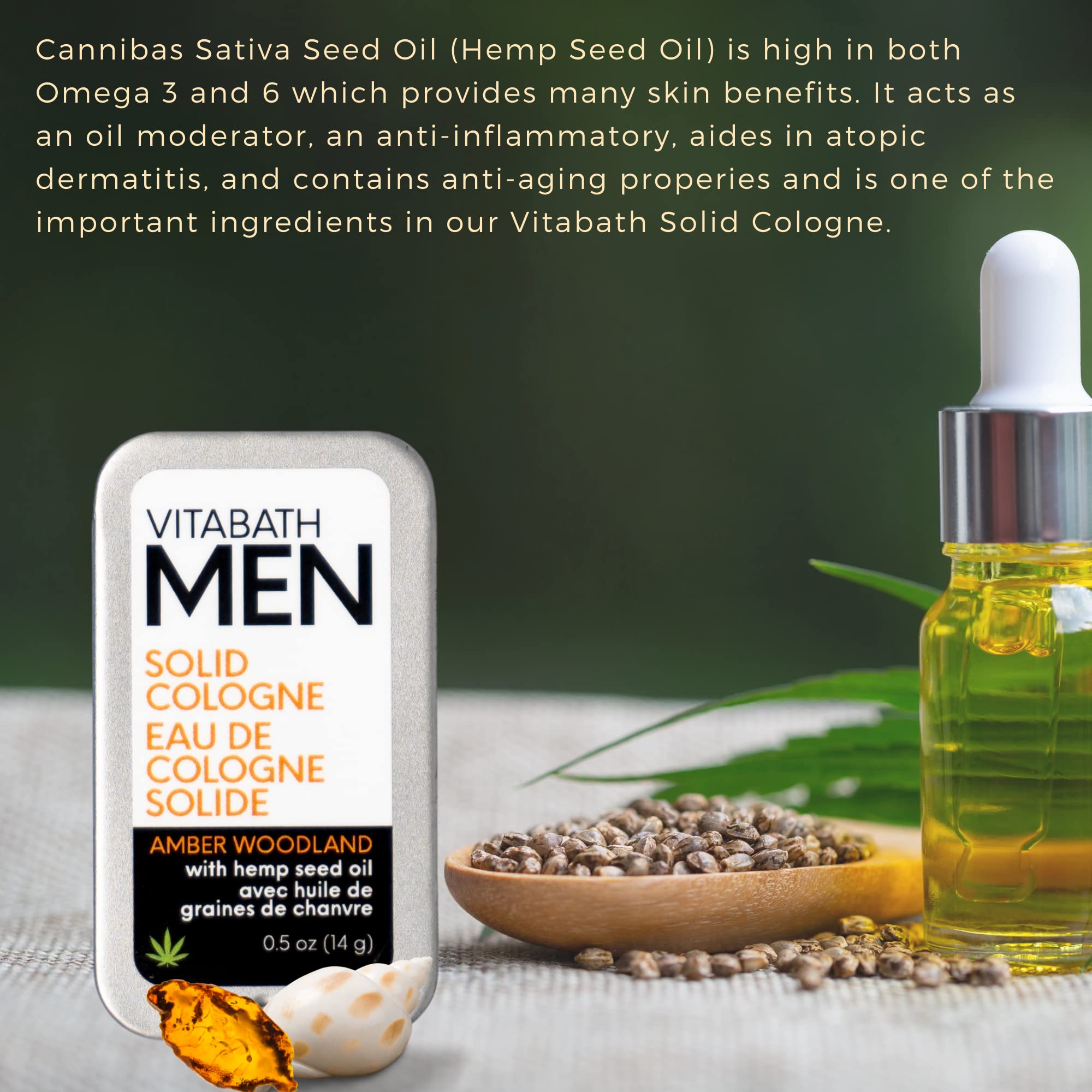 Vitabath Men's Solid Cologne Invigorating Crisp Cool Water & White Woods All Over Lasting Amber & Woodland Fragrance with Skin-Loving Natural Beeswax & Hemp - 0.5 oz