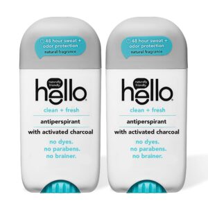 hello activated charcoal antiperspirant deodorant for women + men, natural fragrance, dermatologically tested, baking soda free, parabens free, dye free, 48 hour sweat and odor protection, 2 pack