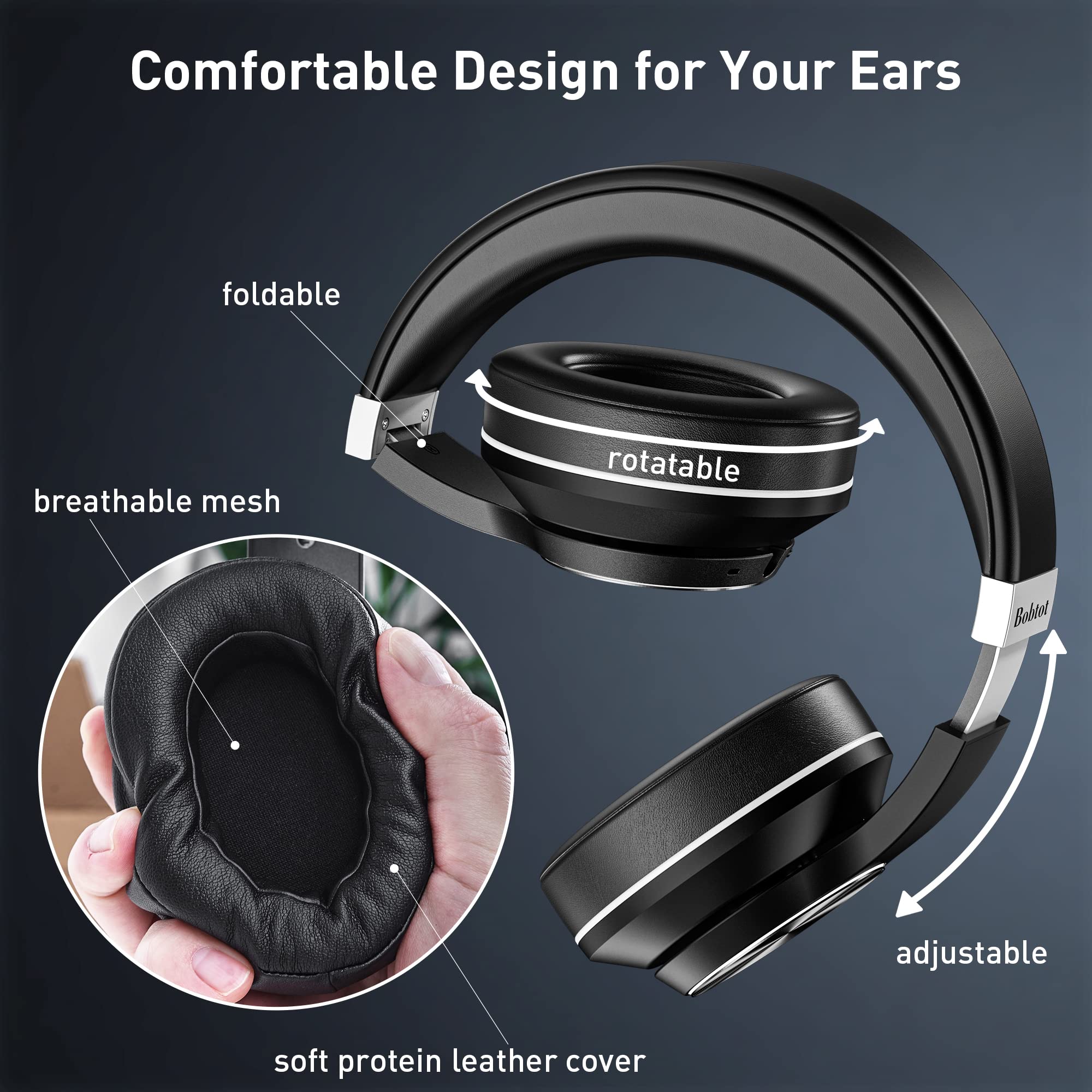 Bluetooth Headphones Over Ear Wireless, Active Noise Cancelling Headphone, 30H Playtime Hi-Fi Stereo Bass 5 EQ Modes Foldable Headsets with Built-in Mic, Volume Control, Protective Case for Travel