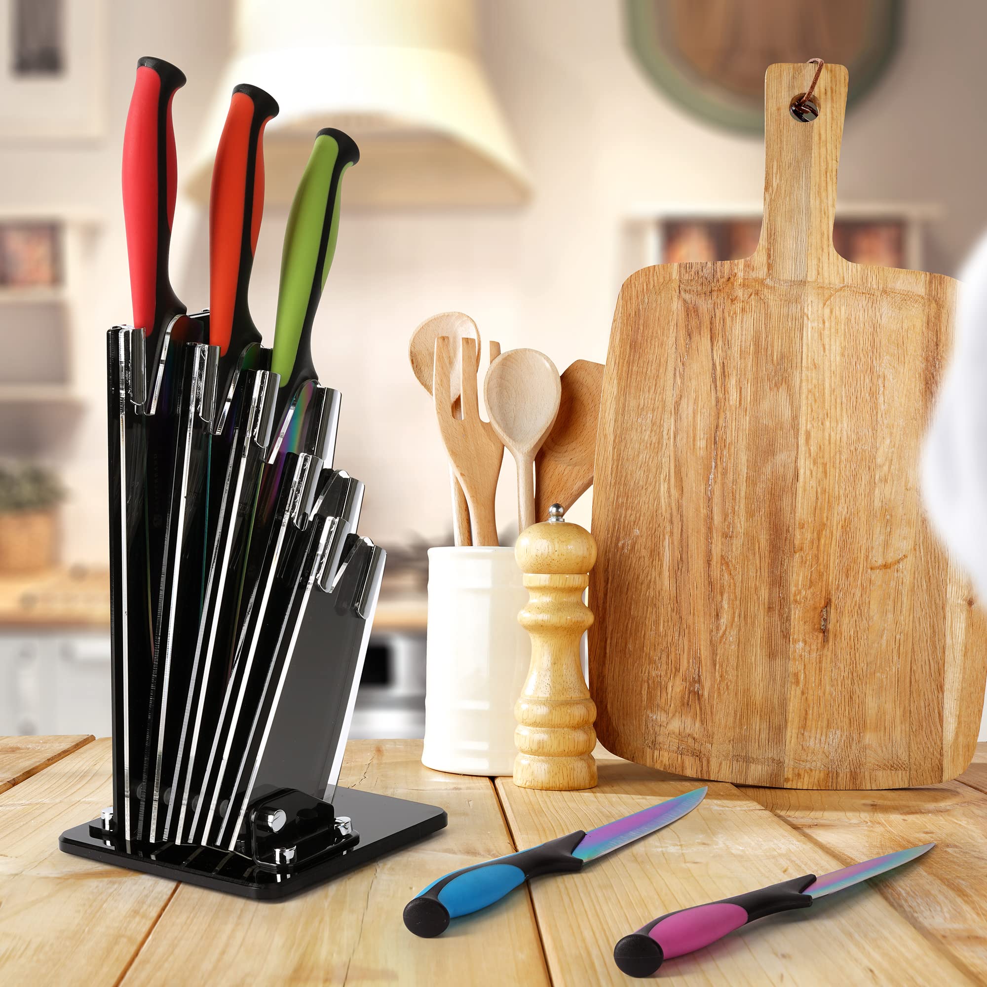 Napperband 6 Piece Color Coded Kitchen Knife Set Block with Clear Acrylic Stand - Titanium Coated Stainless Steel