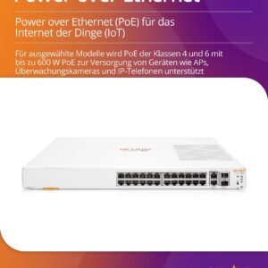 Aruba Instant On 1960 24-Port Gb Smart-Managed Layer 2+ Ethernet Switch with PoE | 24x 1G, 2X 10GBase-T + 2X SFP+ Uplink Ports | 20x CL4 + 8X CL6 PoE (370W) | Stackable | US Cord (JL807A#ABA)