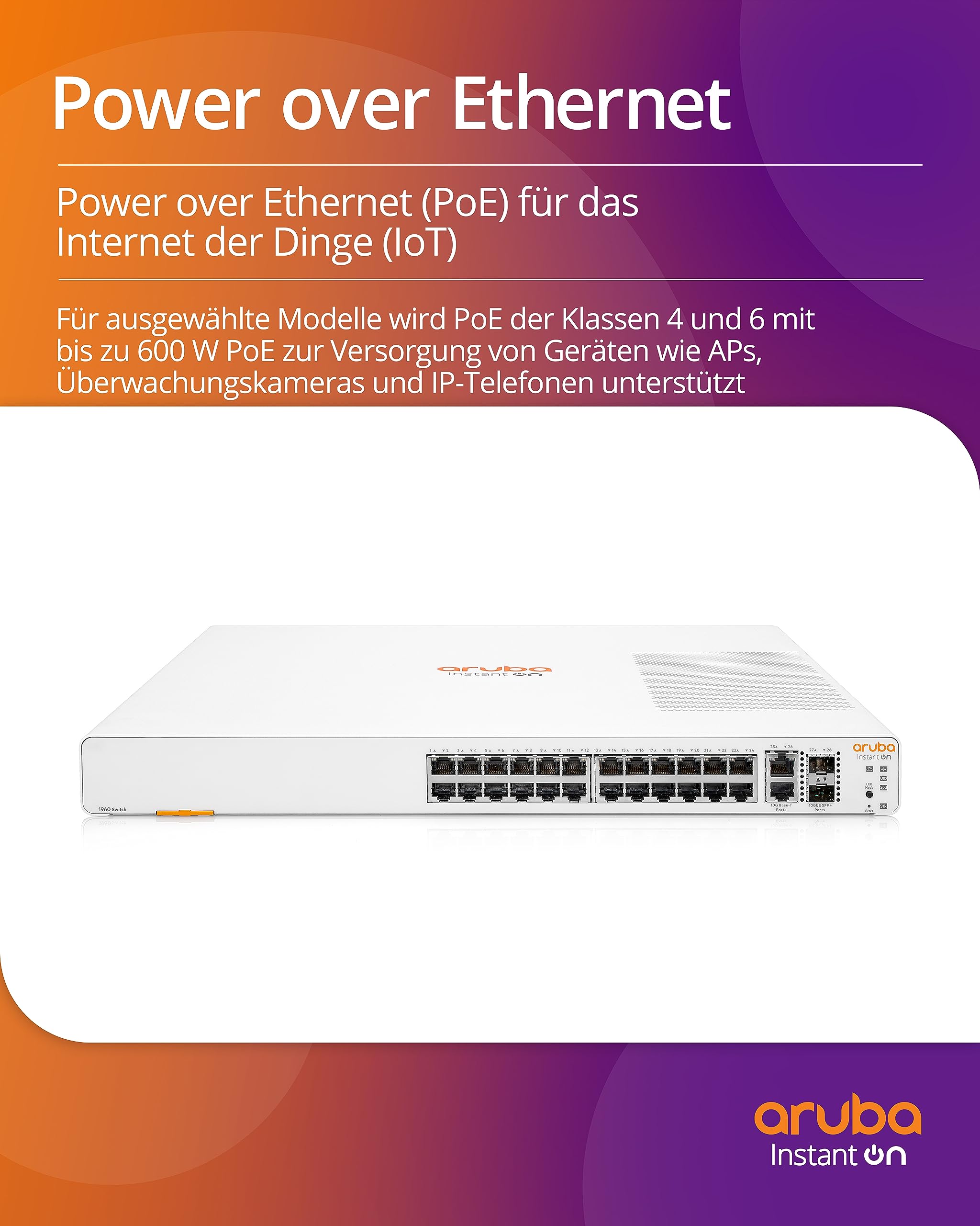 Aruba Instant On 1960 24-Port Gb Smart-Managed Layer 2+ Ethernet Switch with PoE | 24x 1G, 2X 10GBase-T + 2X SFP+ Uplink Ports | 20x CL4 + 8X CL6 PoE (370W) | Stackable | US Cord (JL807A#ABA)