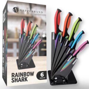 napperband 6 piece color coded kitchen knife set block with clear acrylic stand - titanium coated stainless steel