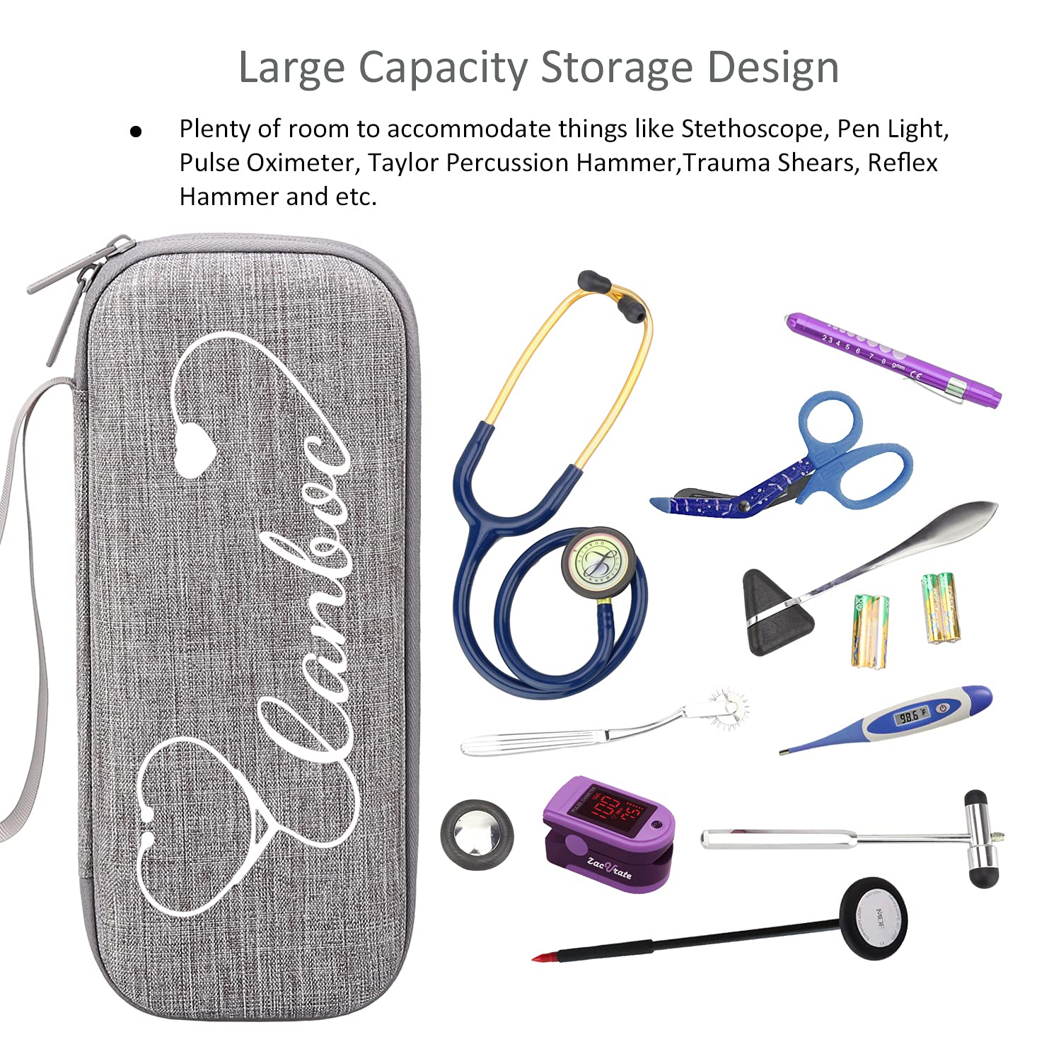 Canboc Stethoscope Carry Case,Hard Stethoscope Case for 3M Littmann Classic III, Lightweight II S.E, Cardiology IV Diagnostic, MDF Acoustica Deluxe Stethoscopes with Pocket for Nurse Accessories, Grey