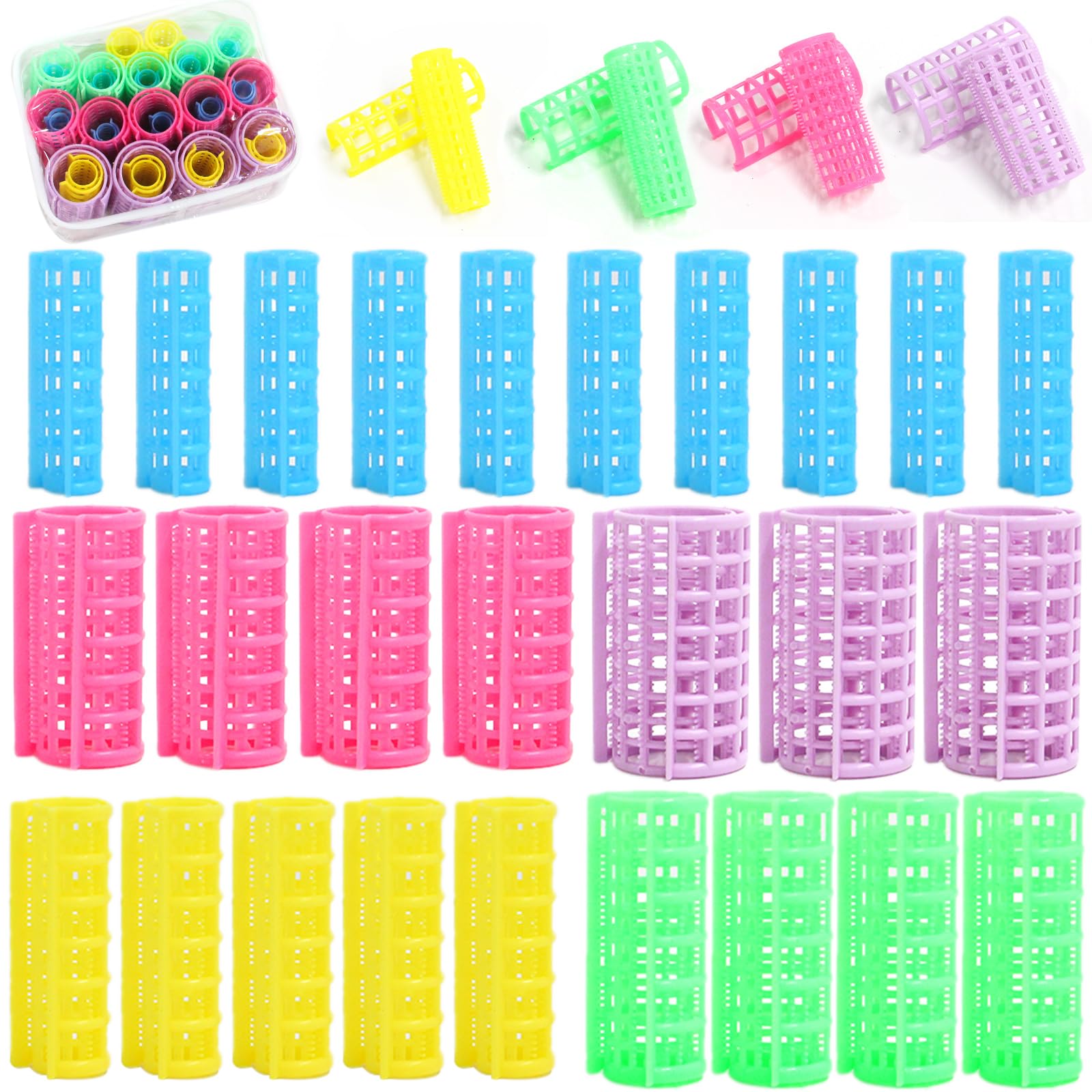 30 Pieces Snap on Plastic Hair Rollers Curlers Hairdressing Rollers for Short Long Hair Self Holding Rollers No Heat Curlers for DIY Hairdressing Hair(5 Sizes)