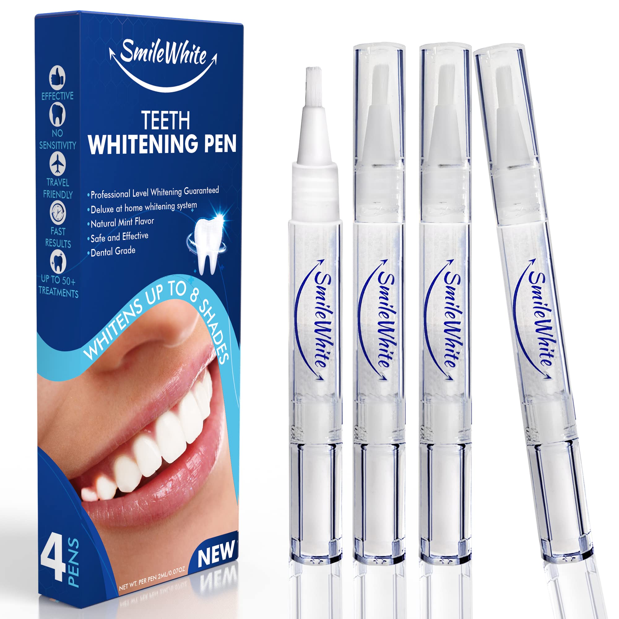 SmileWhite Teeth Whitening Pen (4 Pens), Teeth Whitening Gel Pen, Teeth Whitening Kit, Effective, Painless, Non Sensitive, Travel Friendly, Natural White Smile, Natural Mint Flavor