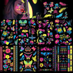 howaf 9 large sheets neon glow in the dark temporary tattoos,100+ assorted designs glow uv neon body face flowers butterfly flash fake waterproof tattoo stickers for women men girls body art