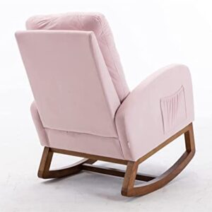 Nursery Rocking Chair,Upholstered Fabric Accent Armchair,Wooden Padded Seat with 2-Side Pocket,Nursing Chair with Rubber Wood Legs,Glider Chair for Nursery,Living Room,Home Office (Pink)