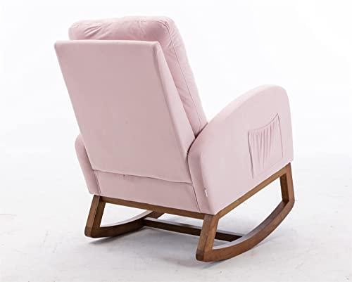 Nursery Rocking Chair,Upholstered Fabric Accent Armchair,Wooden Padded Seat with 2-Side Pocket,Nursing Chair with Rubber Wood Legs,Glider Chair for Nursery,Living Room,Home Office (Pink)