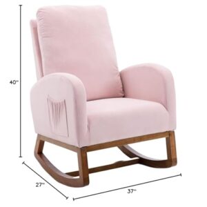 Nursery Rocking Chair,Upholstered Fabric Accent Armchair,Wooden Padded Seat with 2-Side Pocket,Nursing Chair with Rubber Wood Legs,Glider Chair for Nursery,Living Room,Home Office (Pink)