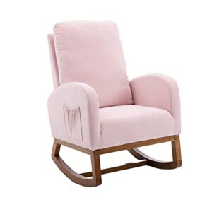 nursery rocking chair,upholstered fabric accent armchair,wooden padded seat with 2-side pocket,nursing chair with rubber wood legs,glider chair for nursery,living room,home office (pink)