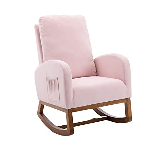 Nursery Rocking Chair,Upholstered Fabric Accent Armchair,Wooden Padded Seat with 2-Side Pocket,Nursing Chair with Rubber Wood Legs,Glider Chair for Nursery,Living Room,Home Office (Pink)