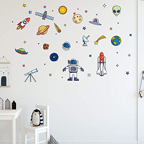 Maydahui 4 Sheet Spaceship Alien Rocket Robot Wall Decals DIY Cartoon Universe Wall Stickers for Children's Room Kids Room Nursery Decoration