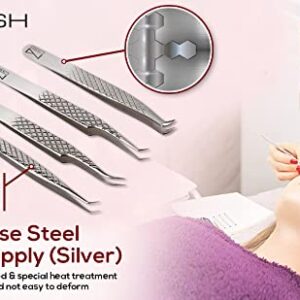 M LASH Eyelash Extension Tweezers (Set of 4) - Professional & Precision Lash Tweezers for Eyelash Extensions - Japanese Steel, Diamond Grip, Fiber Tip (Matte Black)