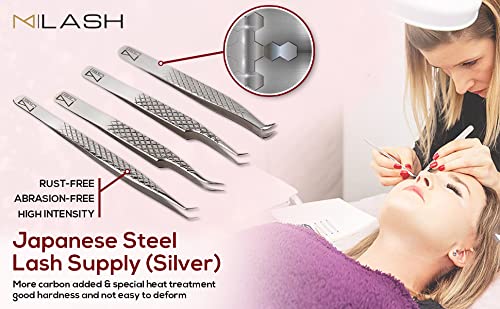 M LASH Eyelash Extension Tweezers (Set of 4) - Professional & Precision Lash Tweezers for Eyelash Extensions - Japanese Steel, Diamond Grip, Fiber Tip (Matte Black)