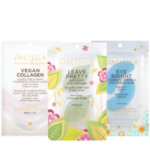 pacifica beauty under eye + smile line patches variety pack set, vitamin c, vegan collagen, puffy eyes + dark circles, moisturizing + plumping, all skin types, clean skin care, multi, 3 count