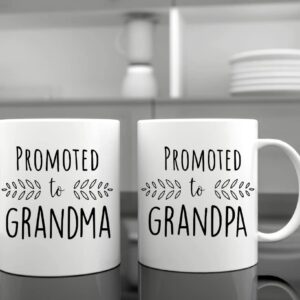 Pregnancy Announcement For Grandparents Coffee Mugs - Grandma To Be & Grandpa to Be 11 oz Mugs - Great Pregnancy Reveal Idea For Baby Announcement - Mug Set - Promoted to Grandma & Grandpa