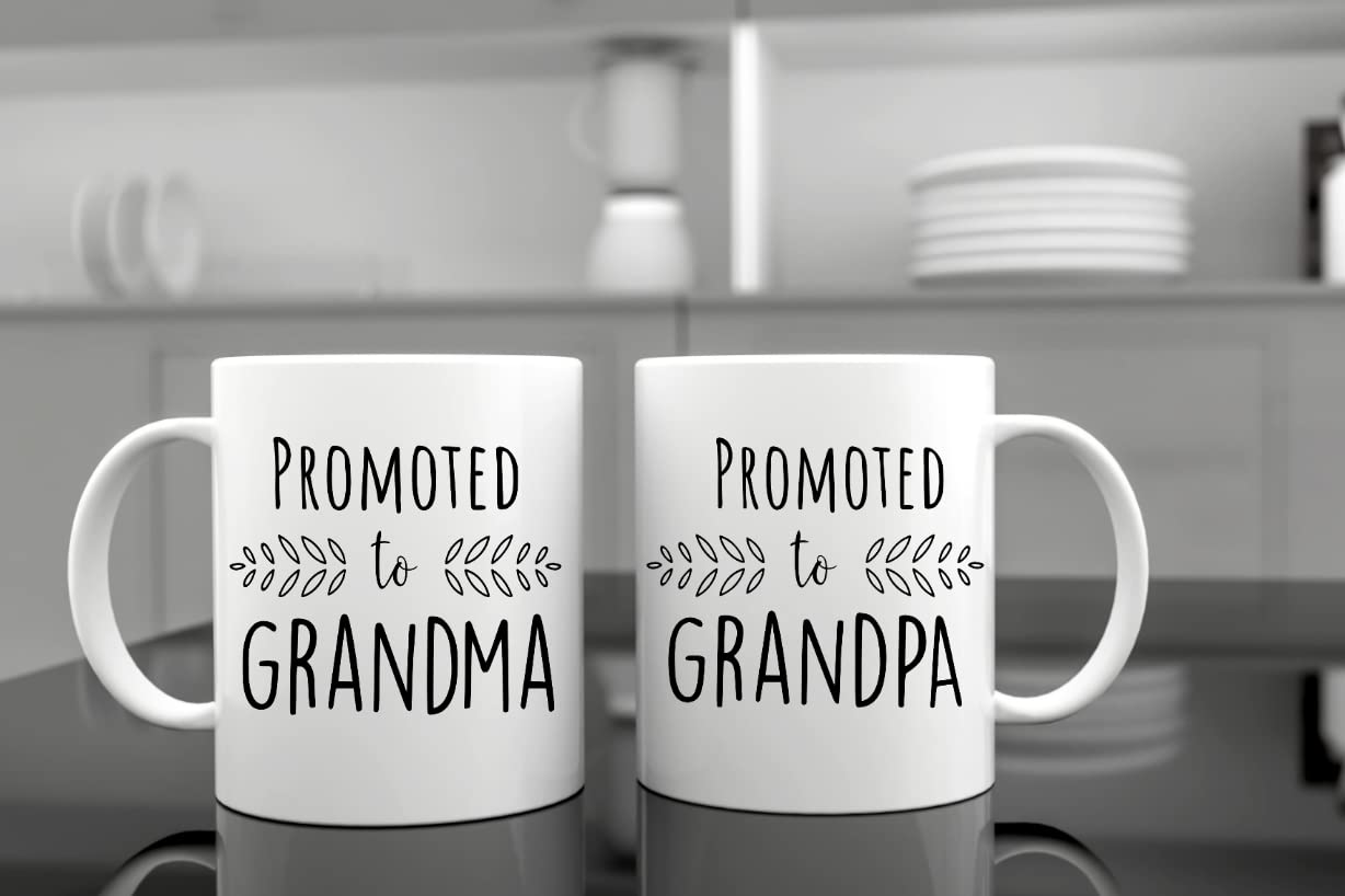 Pregnancy Announcement For Grandparents Coffee Mugs - Grandma To Be & Grandpa to Be 11 oz Mugs - Great Pregnancy Reveal Idea For Baby Announcement - Mug Set - Promoted to Grandma & Grandpa