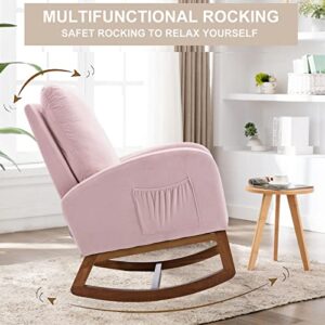 Nursery Rocking Chair,Upholstered Fabric Accent Armchair,Wooden Padded Seat with 2-Side Pocket,Nursing Chair with Rubber Wood Legs,Glider Chair for Nursery,Living Room,Home Office (Pink)