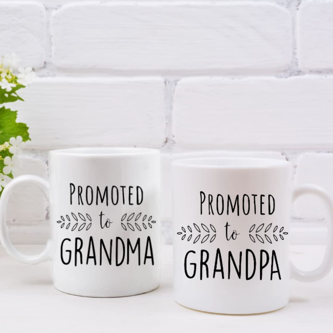 Pregnancy Announcement For Grandparents Coffee Mugs - Grandma To Be & Grandpa to Be 11 oz Mugs - Great Pregnancy Reveal Idea For Baby Announcement - Mug Set - Promoted to Grandma & Grandpa