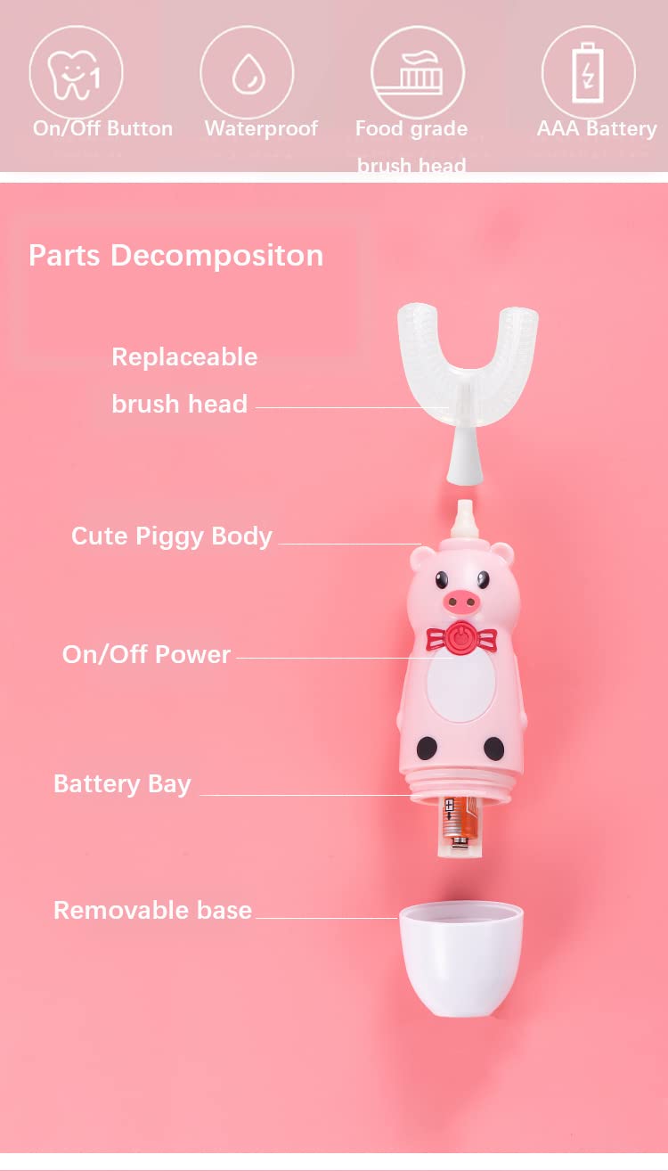 RAXIFU Automatic Electric Toothbrush for 2-6 Years Kids, Ultrasonic Toothbrush for 4-9 Years Children, U Type Whitening Kids Electronic Toothbrush(Pink White 2 Pack)