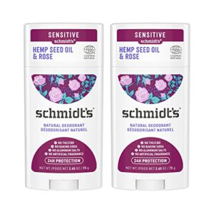 schmidt's aluminum free natural deodorant for women and men, hemp seed oil and rose for sensitive skin with 24 hour odor protection, vegan, cruelty free, 2.65 oz pack of 2