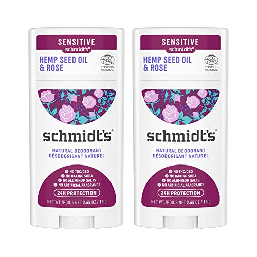 Schmidt's Aluminum Free Natural Deodorant for Women and Men, Hemp Seed Oil and Rose for Sensitive Skin with 24 Hour Odor Protection, Vegan, Cruelty Free, 2.65 oz Pack of 2