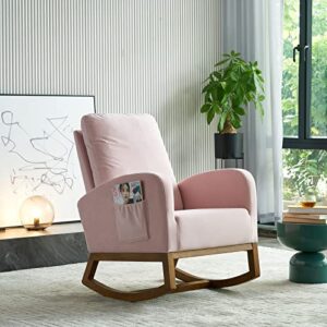 Nursery Rocking Chair,Upholstered Fabric Accent Armchair,Wooden Padded Seat with 2-Side Pocket,Nursing Chair with Rubber Wood Legs,Glider Chair for Nursery,Living Room,Home Office (Pink)