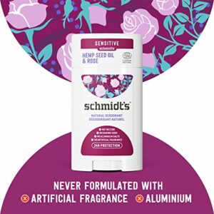 Schmidt's Aluminum Free Natural Deodorant for Women and Men, Hemp Seed Oil and Rose for Sensitive Skin with 24 Hour Odor Protection, Vegan, Cruelty Free, 2.65 oz Pack of 2