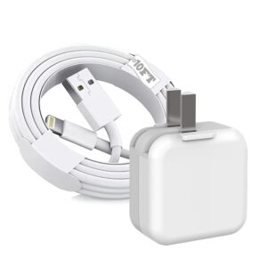 10ft ipad charger,iphone charger [apple mfi certified],12w usb wall charger foldable portable travel plug with long lightning cable compatible for iphone,ipad 4/5/6/7/8/9,ipad mini 4/5,ipad air 1/2/3