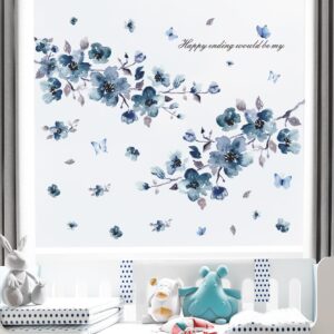 Removable Blue Peach Flowers Wall Decals 3D Cherry Blossom Floral Tree Branches Butterfly Wall Stickers DIY Flowers Butterfly Plants Wall Decor for Kids Bedroom Living Room Nursery Playroom DT-4956