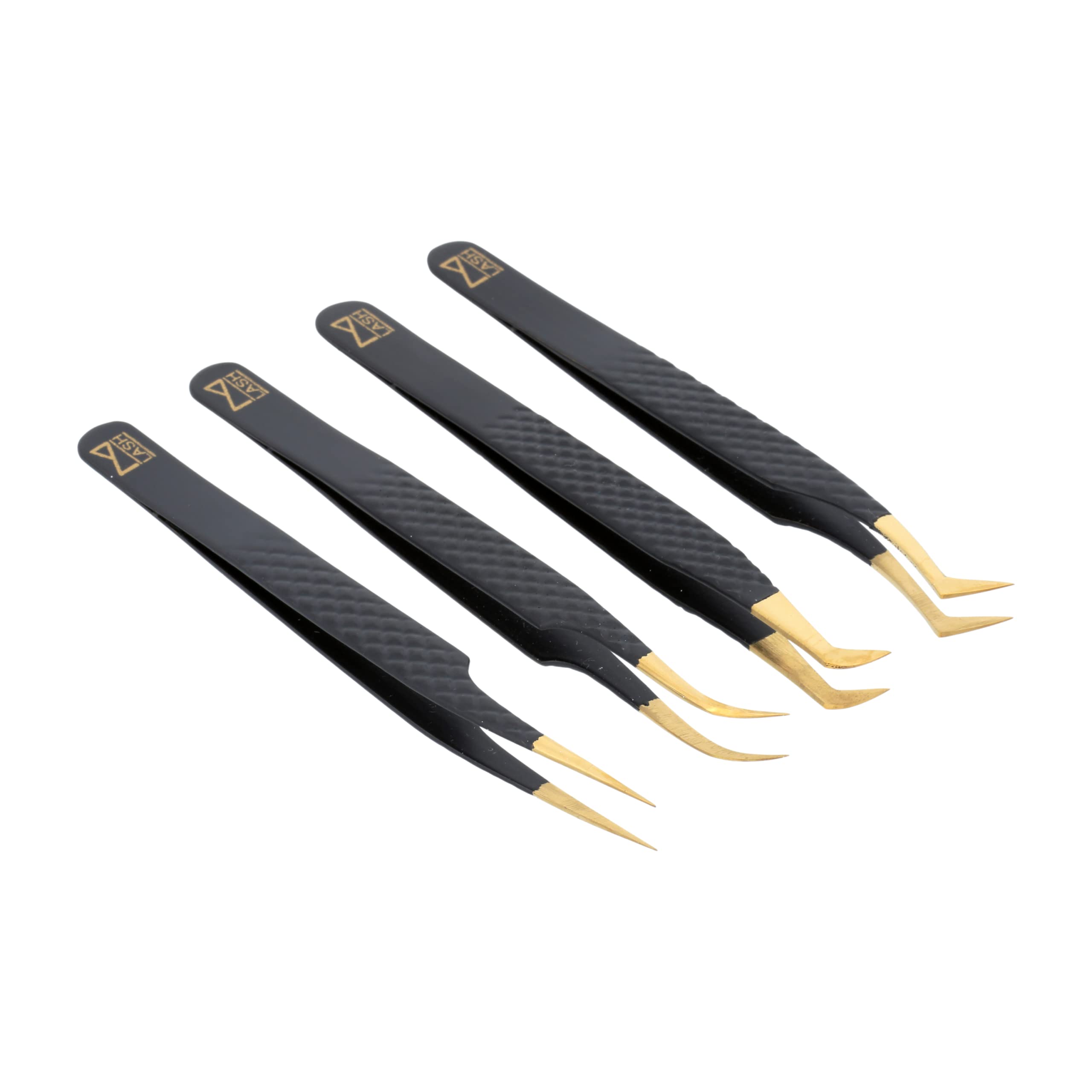 M LASH Eyelash Extension Tweezers (Set of 4) - Professional & Precision Lash Tweezers for Eyelash Extensions - Japanese Steel, Diamond Grip, Fiber Tip (Matte Black)