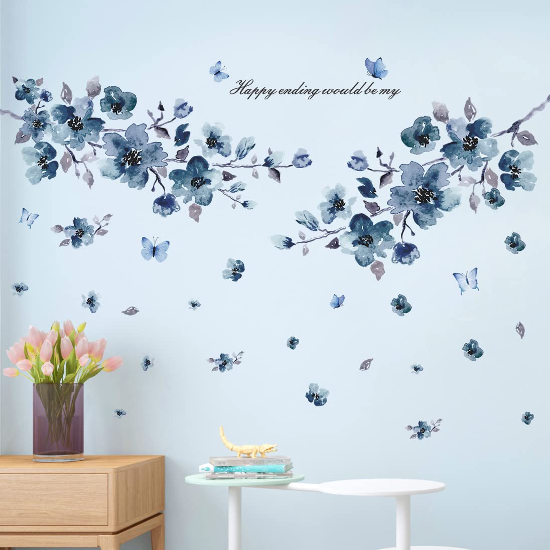 Removable Blue Peach Flowers Wall Decals 3D Cherry Blossom Floral Tree Branches Butterfly Wall Stickers DIY Flowers Butterfly Plants Wall Decor for Kids Bedroom Living Room Nursery Playroom DT-4956