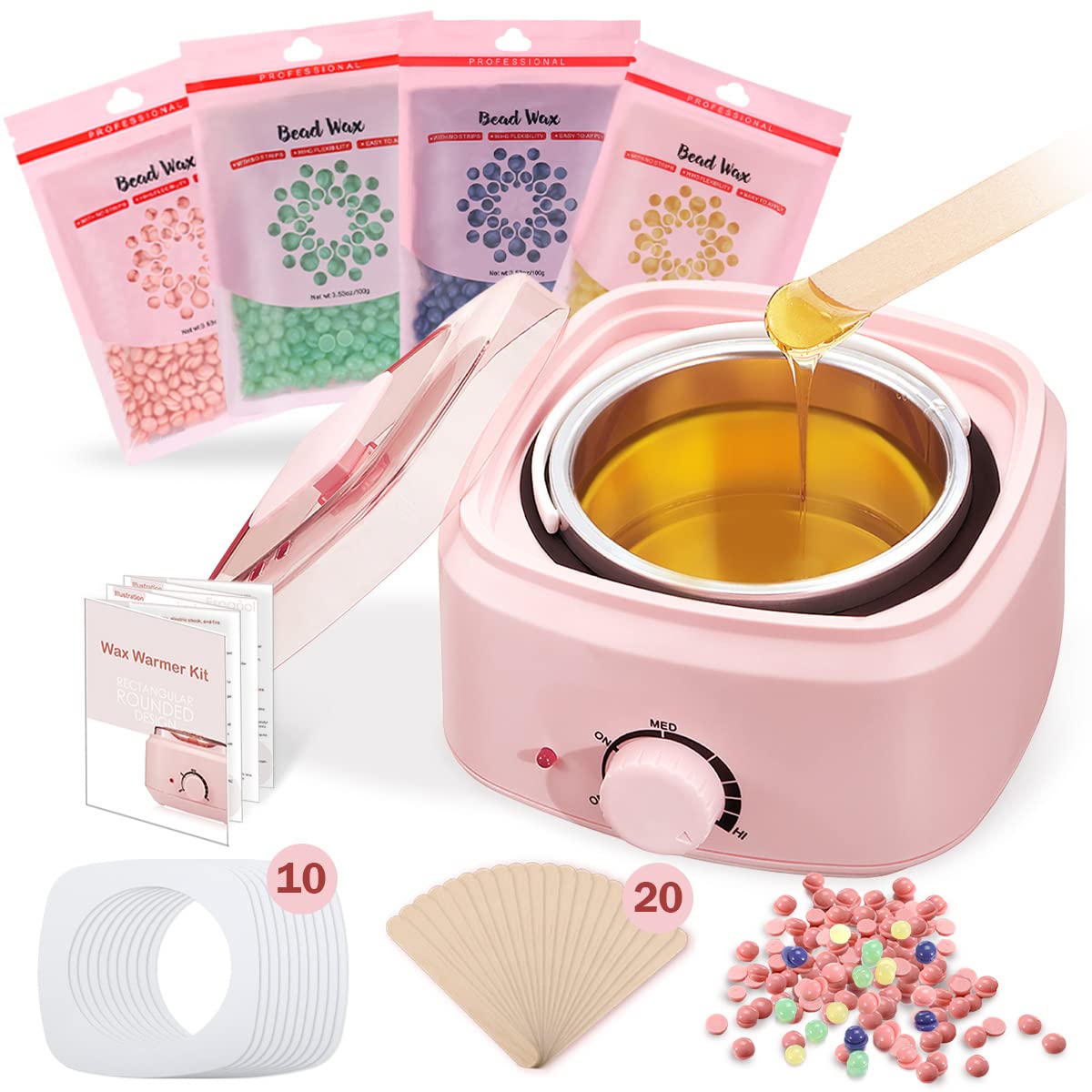 Waxing Kit Wax Warmer Hair Removal, with Hard Wax Beans, Adjustable Temperature for All Wax/Hair Types, Eyebrow, Facial, Body, Bikini, Brazilian, Full Body At Home Waxing Painless