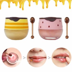 2pcs bee lip balm honey pot, honey & strawberry propolis moisturizing, hydrating & prevention dry and cracked lip scrubs exfoliator