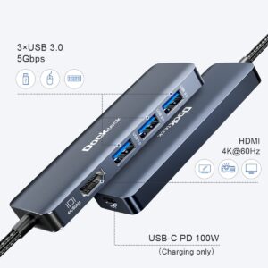 USB C Hub HDMI 4K 60Hz, USB C Adapter Multiport with 100W PD, HDMI,3 USB 3.0 Data Ports, Dockteck 5 in 1 USB C Dongle Dock for MacBook Pro/Air, iPad Pro/Air/Mini 6, Surface Pro 7/8/9 and More