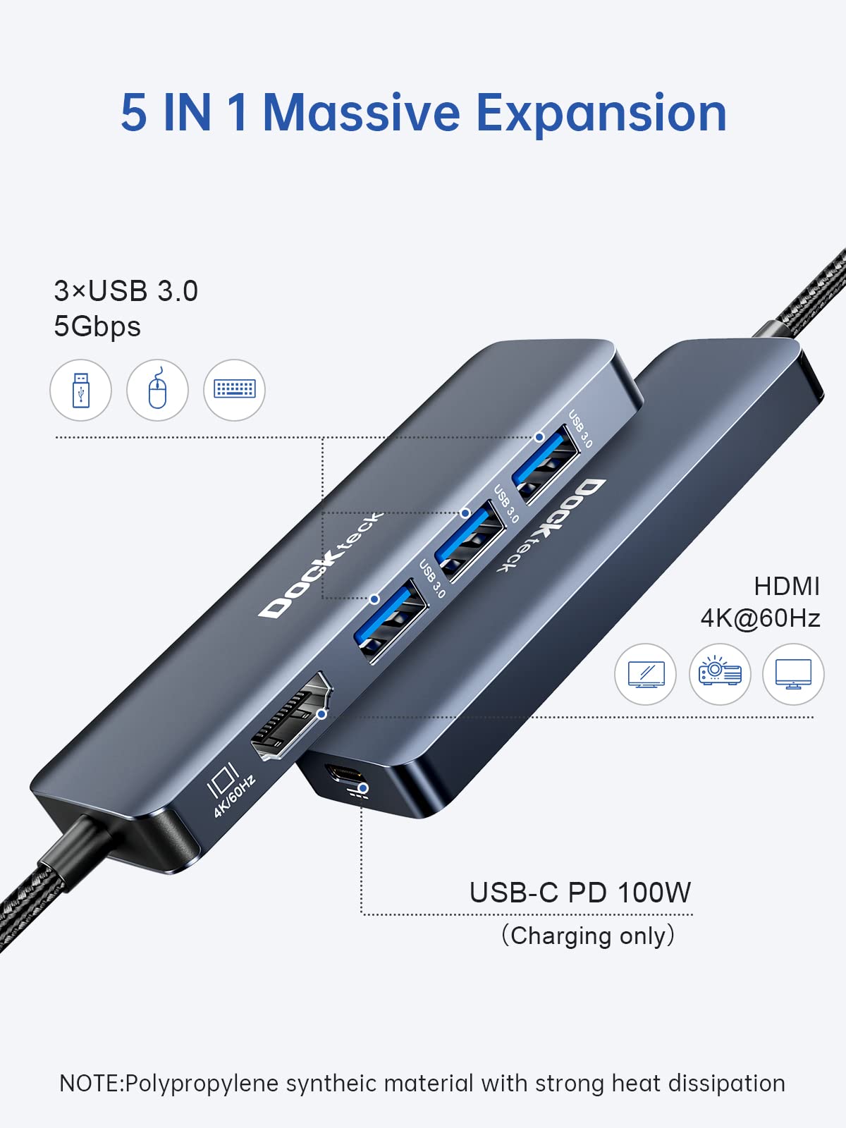 USB C Hub HDMI 4K 60Hz, USB C Adapter Multiport with 100W PD, HDMI,3 USB 3.0 Data Ports, Dockteck 5 in 1 USB C Dongle Dock for MacBook Pro/Air, iPad Pro/Air/Mini 6, Surface Pro 7/8/9 and More