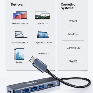 USB C Hub HDMI 4K 60Hz, USB C Adapter Multiport with 100W PD, HDMI,3 USB 3.0 Data Ports, Dockteck 5 in 1 USB C Dongle Dock for MacBook Pro/Air, iPad Pro/Air/Mini 6, Surface Pro 7/8/9 and More