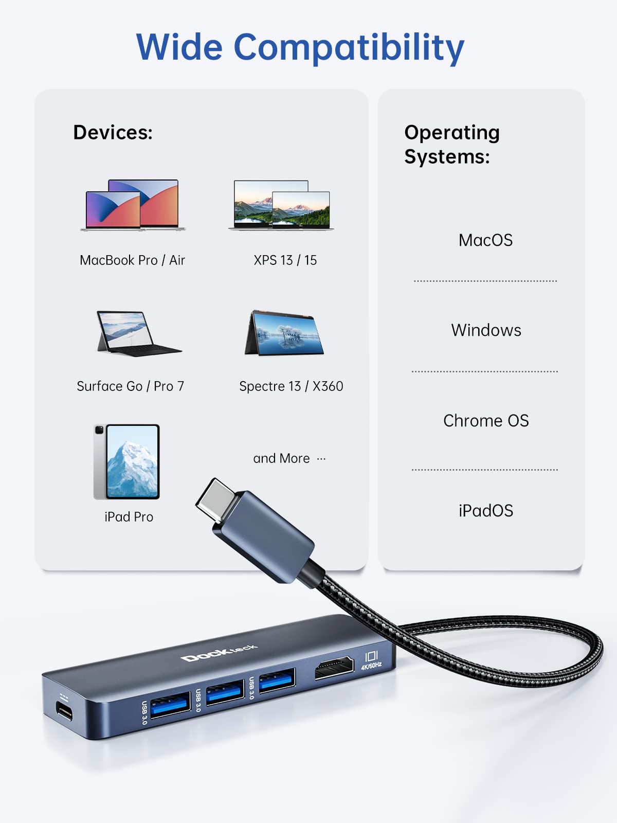 USB C Hub HDMI 4K 60Hz, USB C Adapter Multiport with 100W PD, HDMI,3 USB 3.0 Data Ports, Dockteck 5 in 1 USB C Dongle Dock for MacBook Pro/Air, iPad Pro/Air/Mini 6, Surface Pro 7/8/9 and More