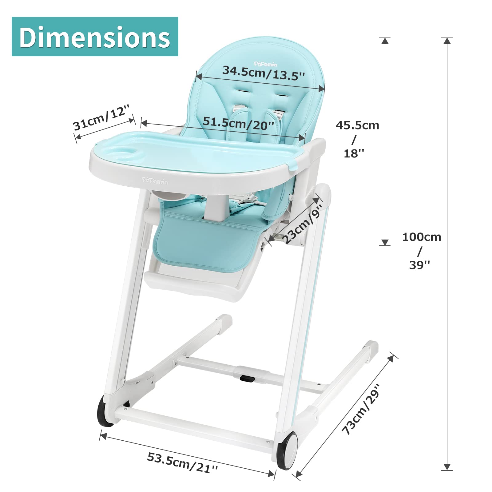 PAPAMIA Baby High Chair for Toddlers, Folding Portable Infant Feeding Dining Chair, 5-Level Height Adjust Easy-to-Clean Baby Chair with Safety Buckle (Blue)